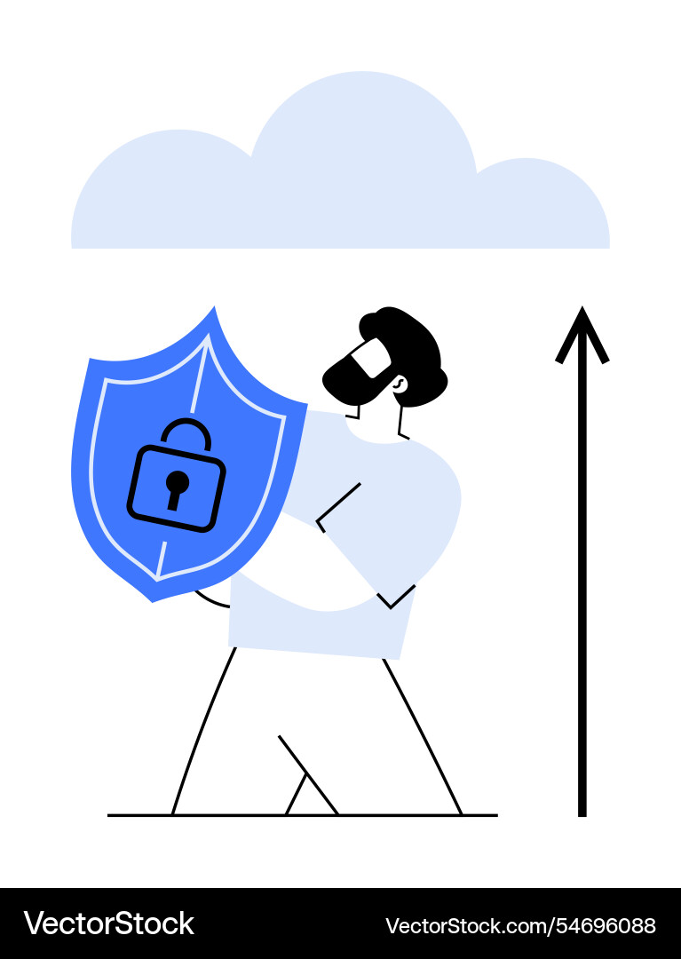 Man holding shield with lock symbol under cloud Vector Image