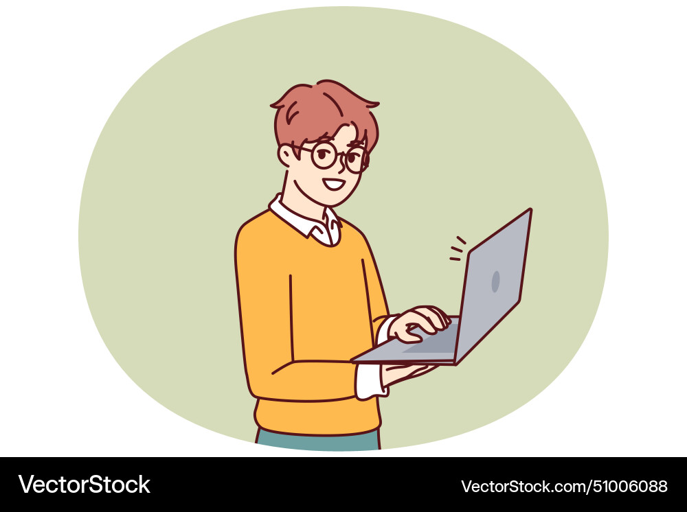 Smart little boy with laptop for preparing Vector Image