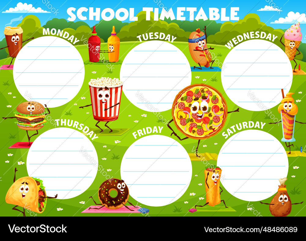Education timetable schedule fast food on yoga Vector Image