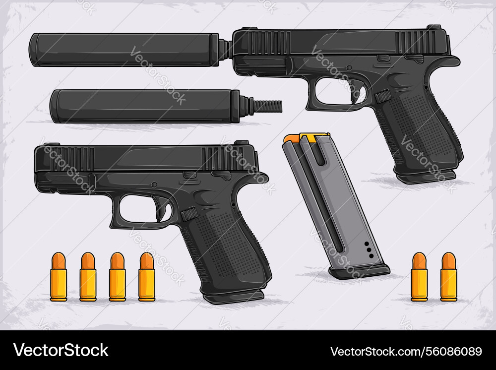 Hand drawn 9mm fire arms with silencers gun Vector Image