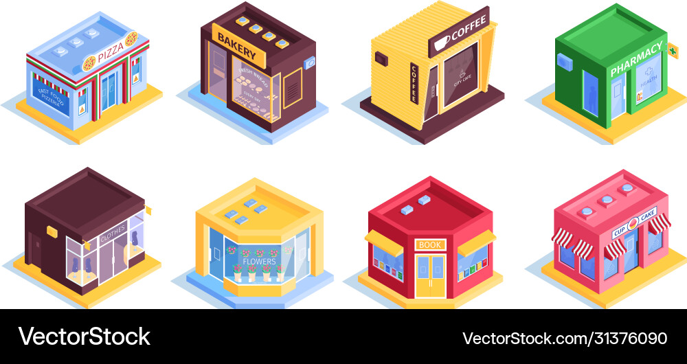 Colourful shops isometric set Royalty Free Vector Image