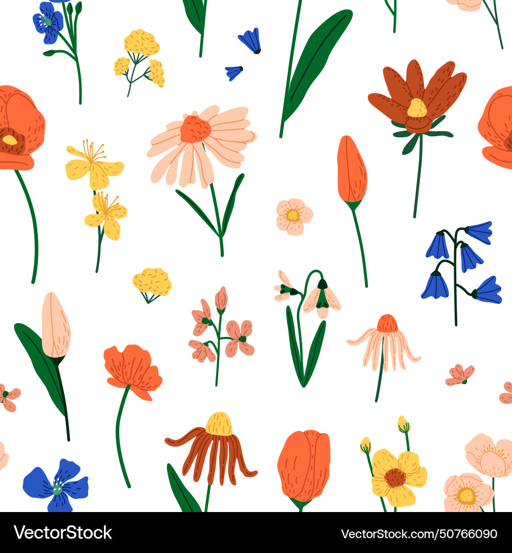 Different wildflowers on endless pattern various Vector Image