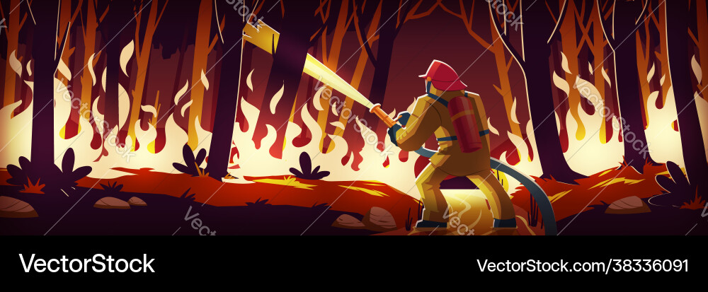 Fireman fight with fire in forest catastrophe Vector Image