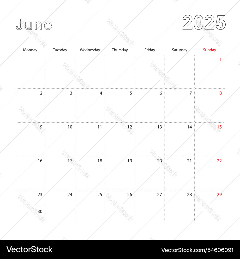 Simple wall calendar for june 2025 with dotted Vector Image