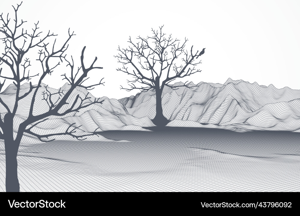 Abstract wireframe mountains with a tree Vector Image