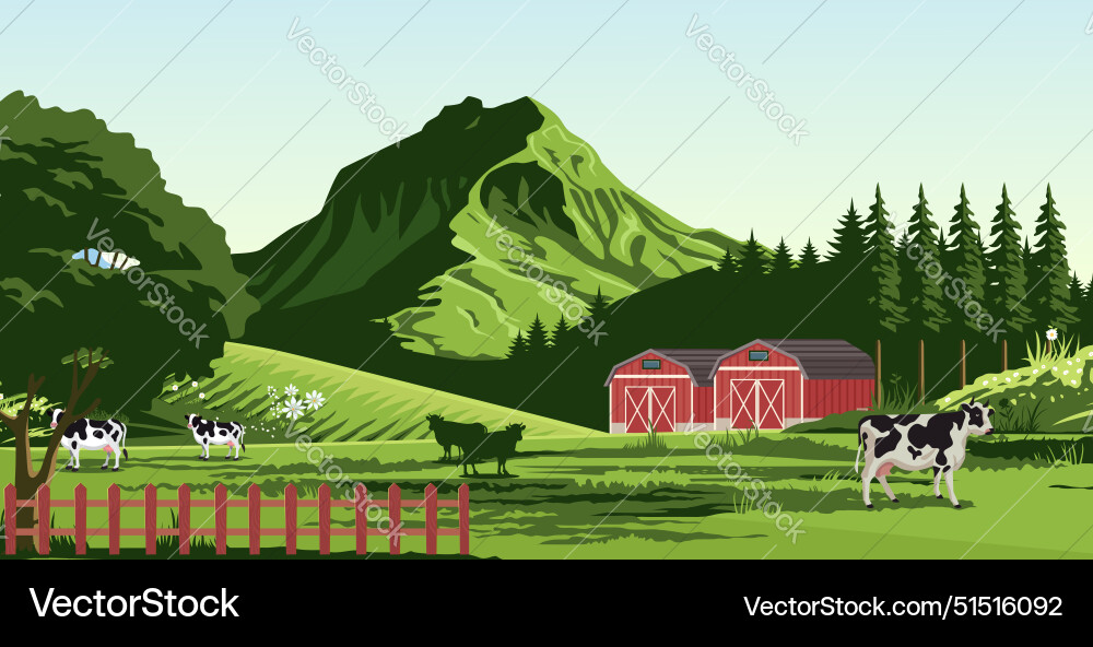 Cows on a farm with plantat Royalty Free Vector Image