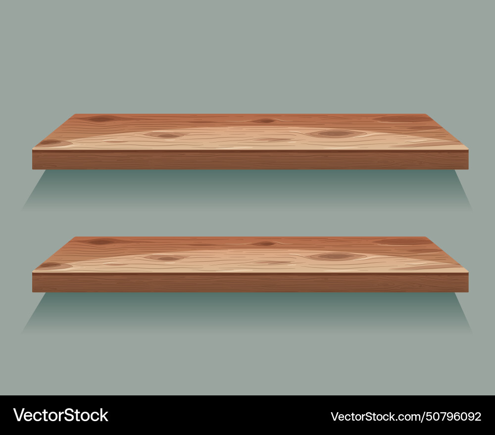 Two wooden shelves against a plain background Vector Image