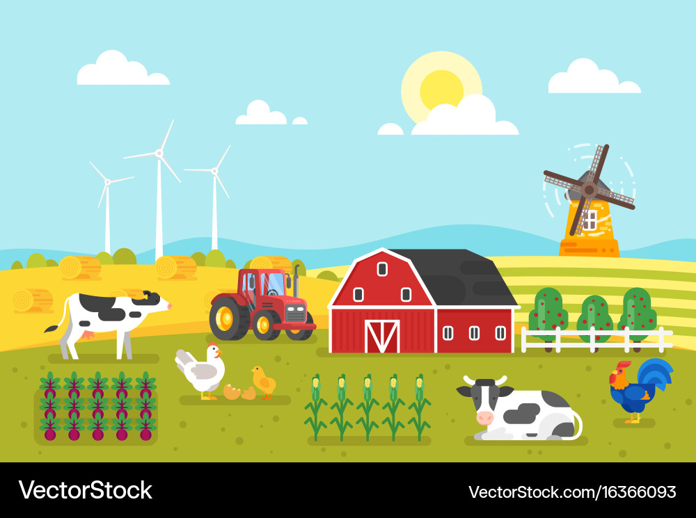 Farm with cows and chicken Royalty Free Vector Image