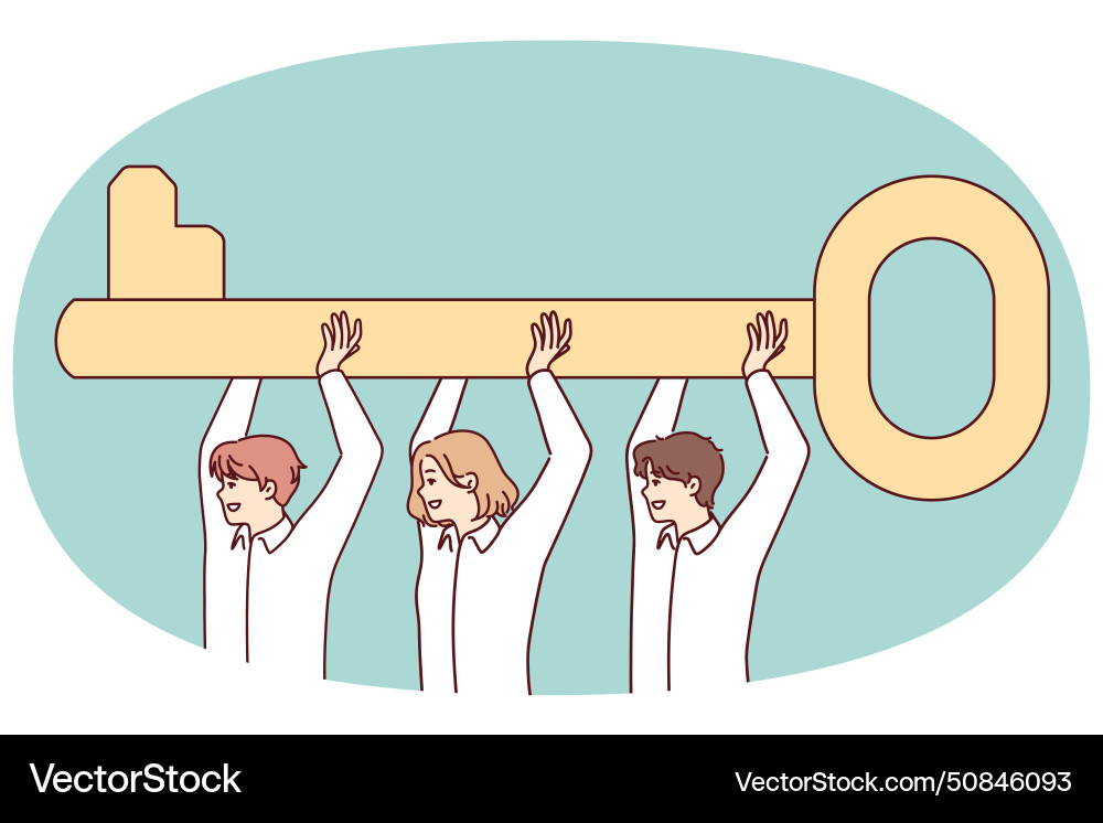 Team workers raises huge key above their heads Vector Image