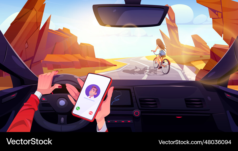 Driver inside car holding phone on desert road Vector Image