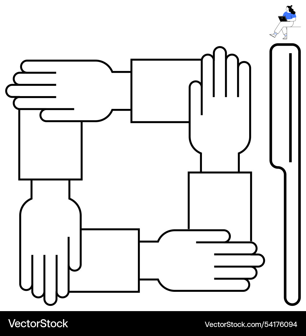 Four hands clasping wrists forming a square symbol