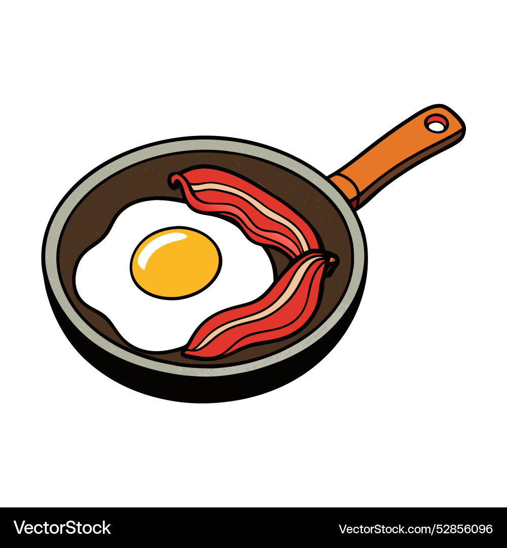 Crispy bacon and fried egg in cast iron pan Vector Image