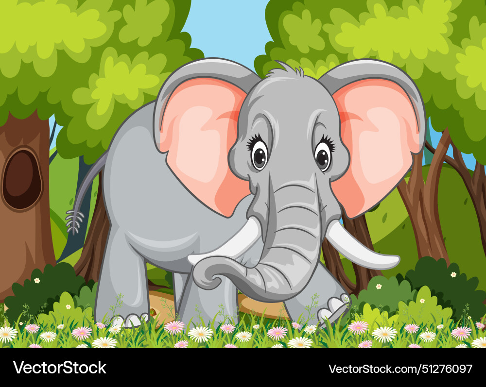 Cartoon elephant standing among vibrant greenery Vector Image
