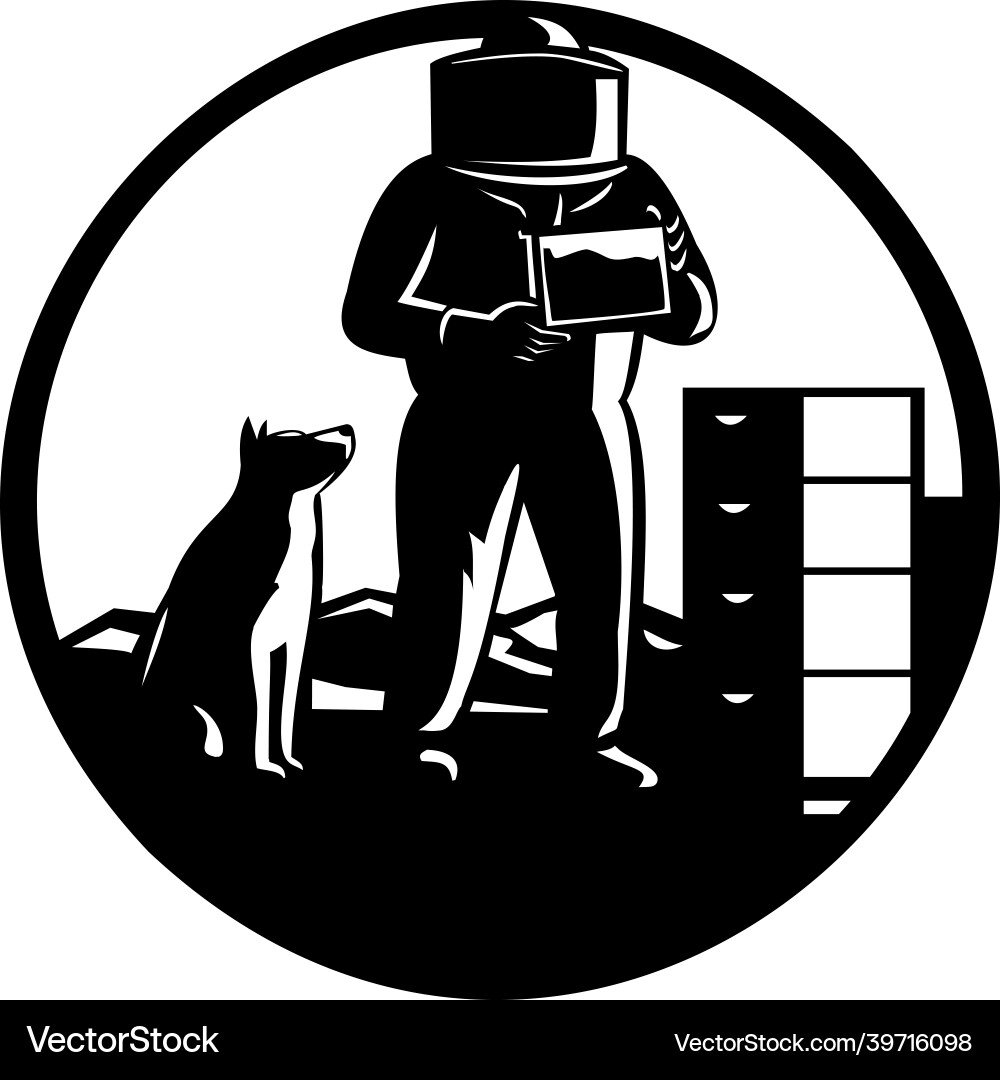 Beekeeper wearing bee suit with border collie dog Vector Image