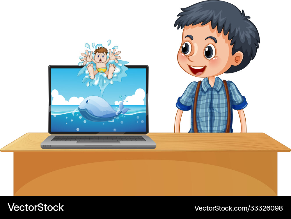 Bot next to laptop water background Royalty Free Vector