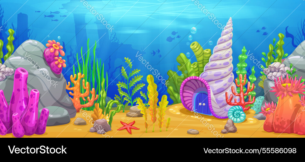 Sea shell house at underwater landscape background