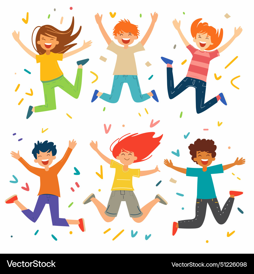 Six diverse children jumping joyfully celebrate Vector Image