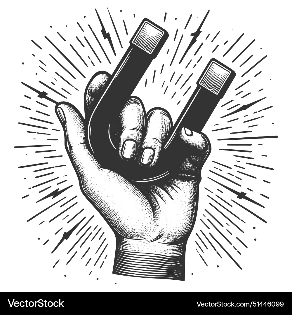 Hand holding magnet engraving Royalty Free Vector Image