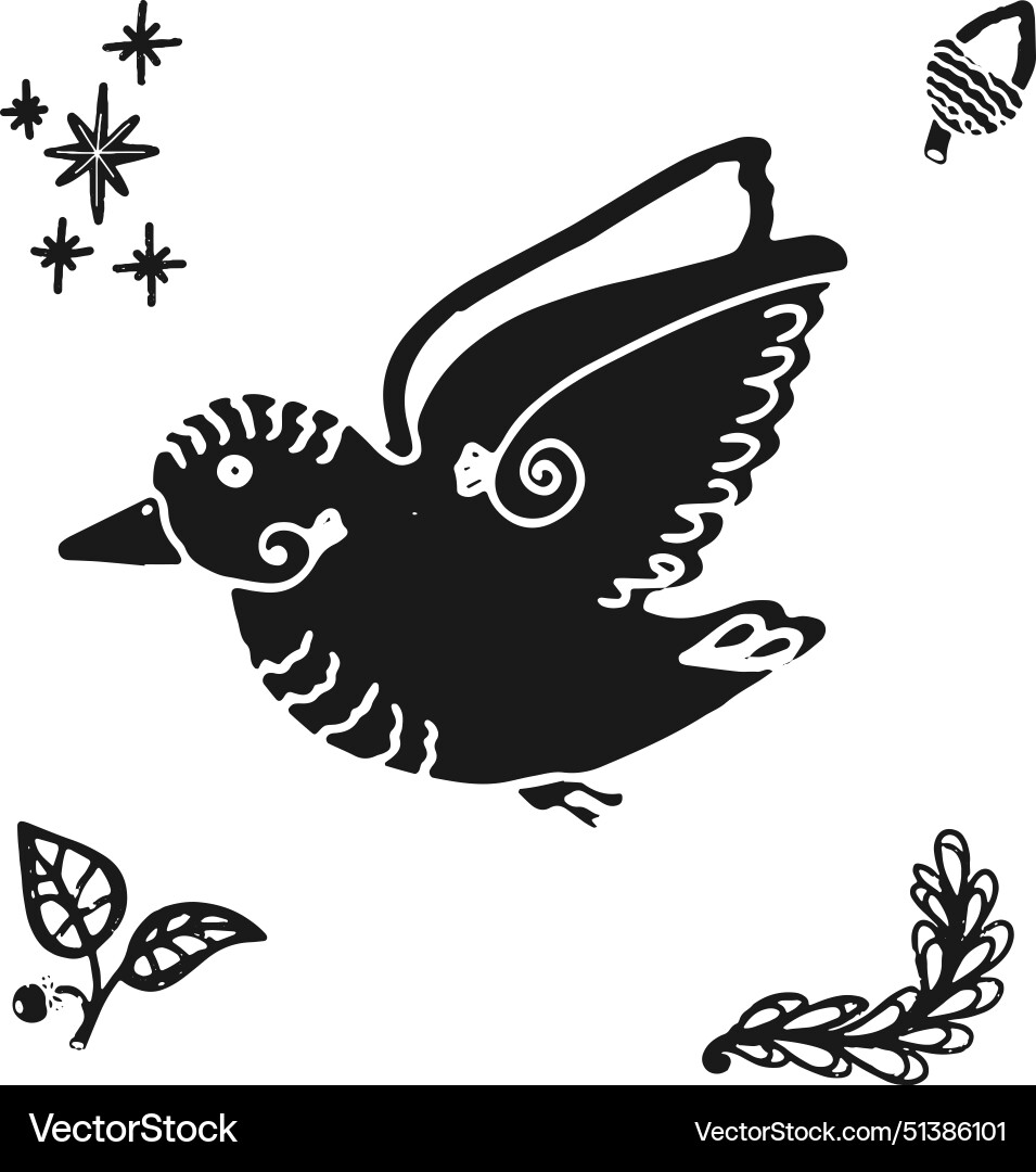 Bird in flight cartoon style linocut isolate Vector Image