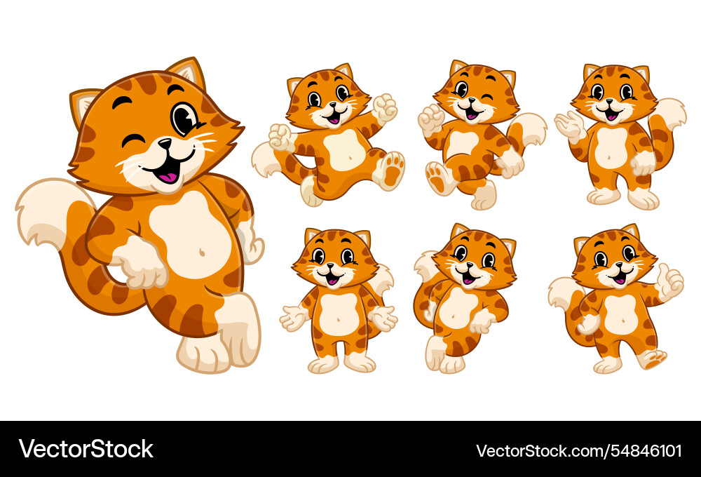 Cartoon character set of happy fat orange cat Vector Image