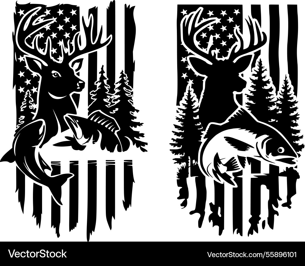 Deer fish tree scene on american flag Royalty Free Vector