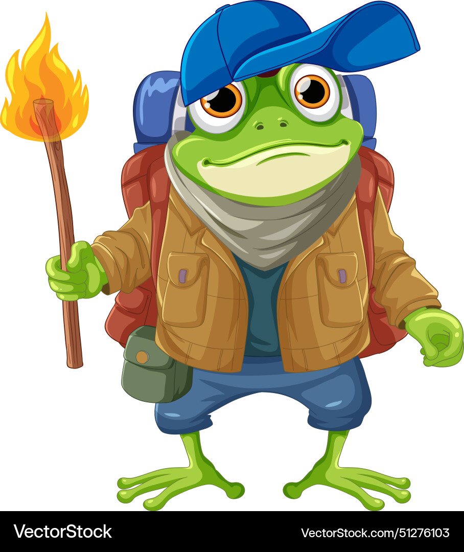 Cartoon frog with backpack and torch ready Vector Image