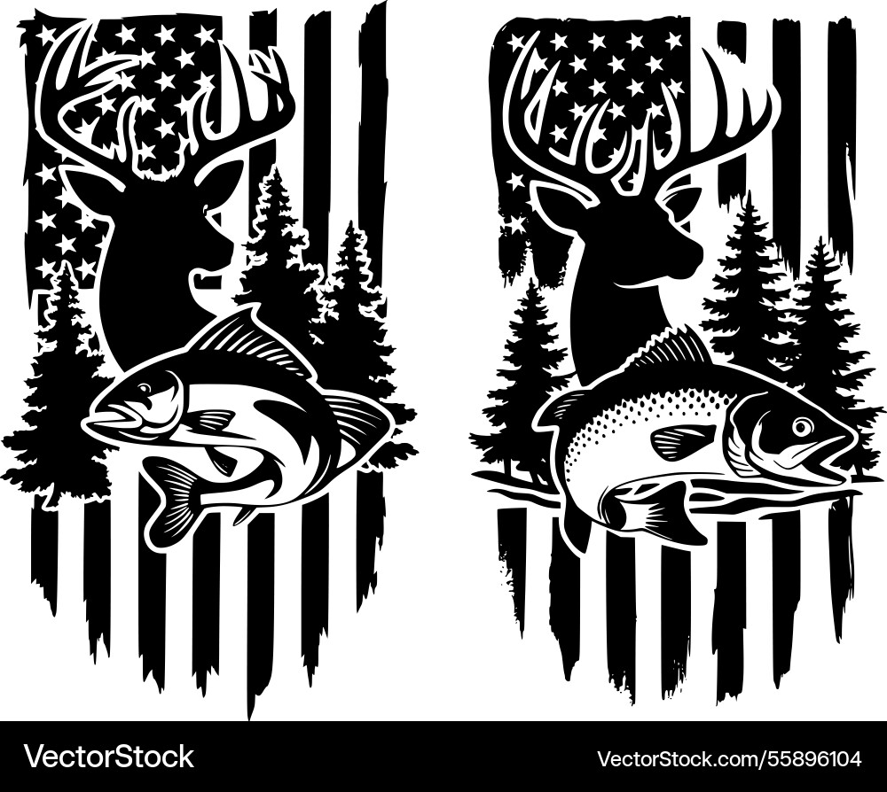 Deer fish tree scene on american flag Royalty Free Vector