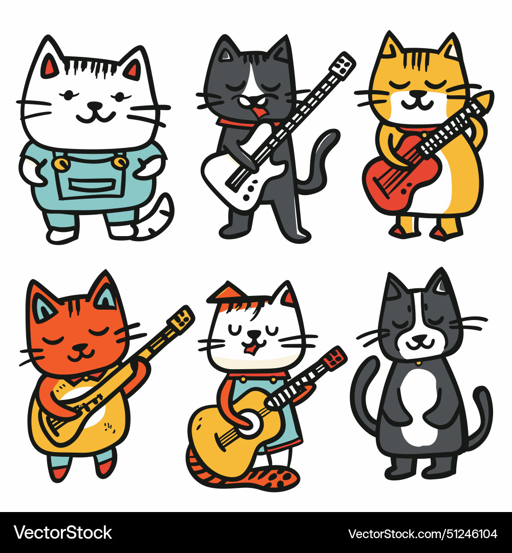 Six cartoon cats playing musical instruments Vector Image