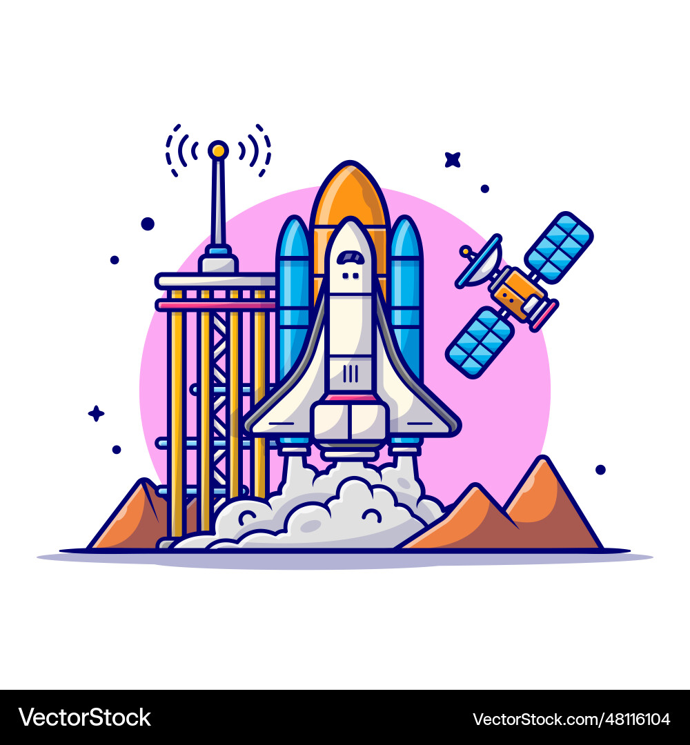 Space shuttle taking off with tower satellite Vector Image