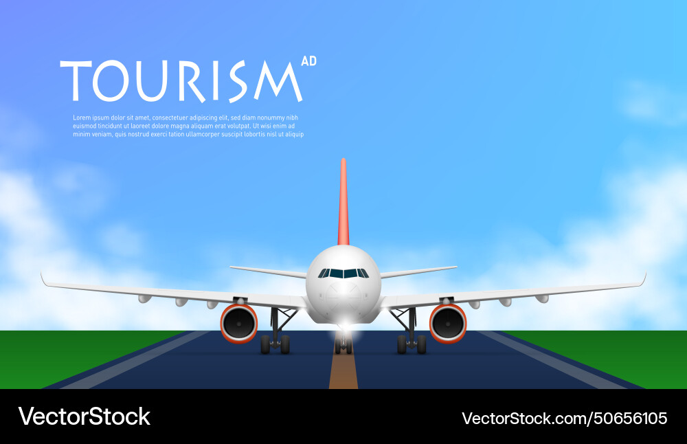 3d white airplane on runway travel template Vector Image