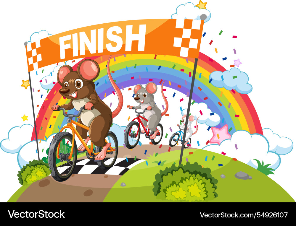 Mice racing bicycles under a colorful rainbow Vector Image