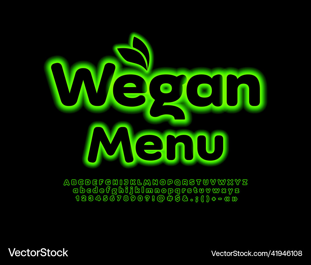 Neon logo vegan menu green font Royalty Free Vector Image