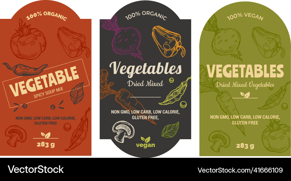 Dried mixed vegetables pack for soup labels set Vector Image