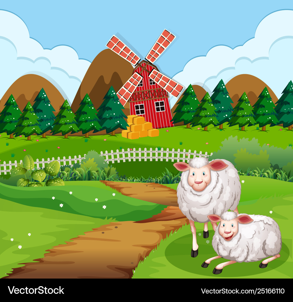 Sheep on a path near farm Royalty Free Vector Image