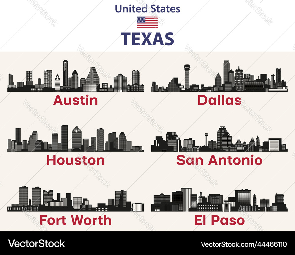 Texas cities skylines silhouettes set Royalty Free Vector