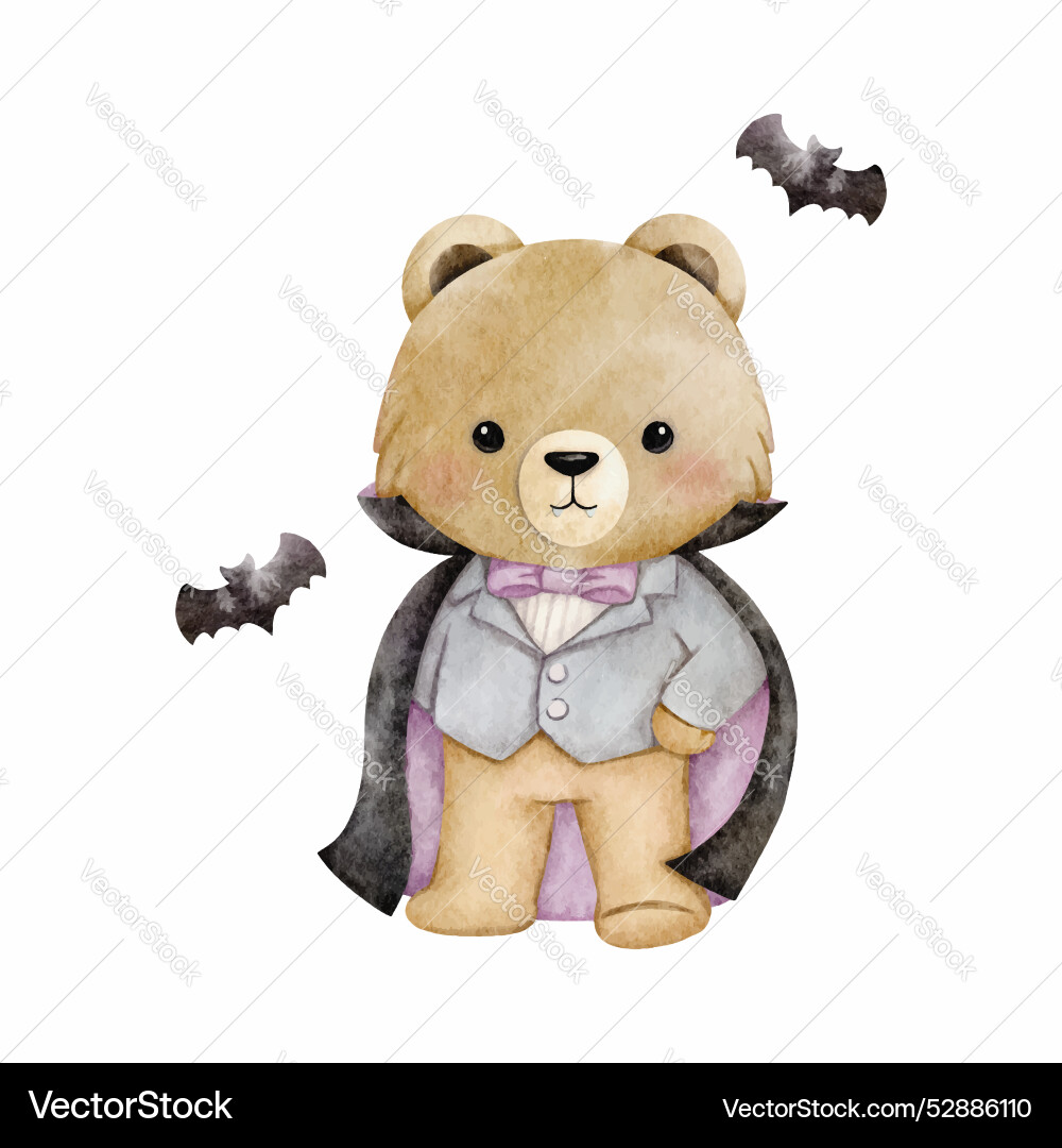 Watercolor cute bear dracula vampire cartoon Vector Image