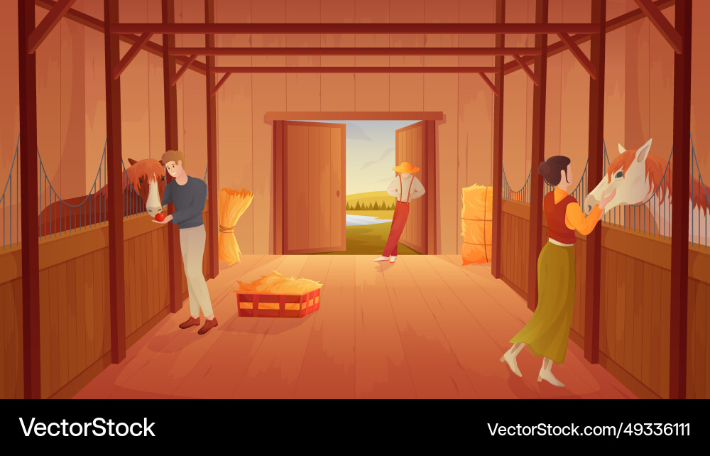 Horse stable with people and farm animals inside Vector Image