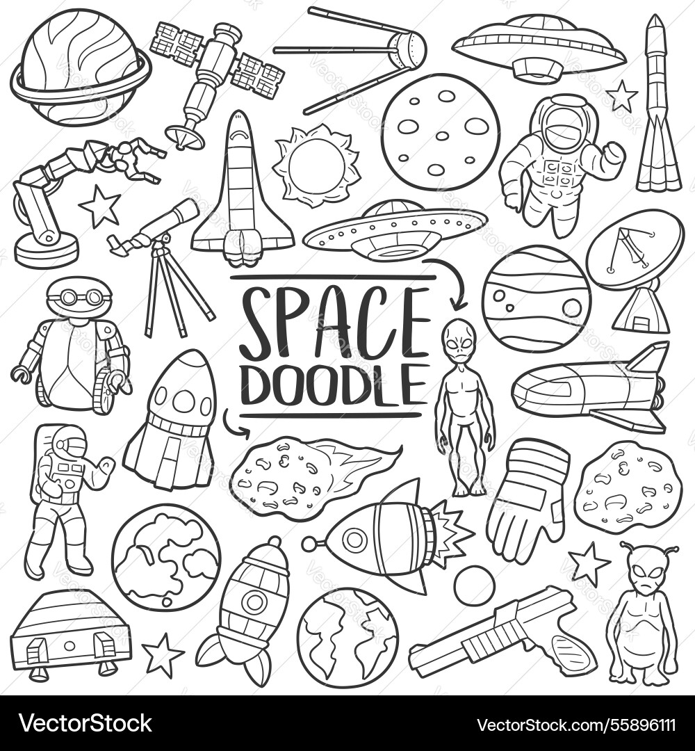Space Doodle Icons - Celestial Sketch Royalty Free Vector