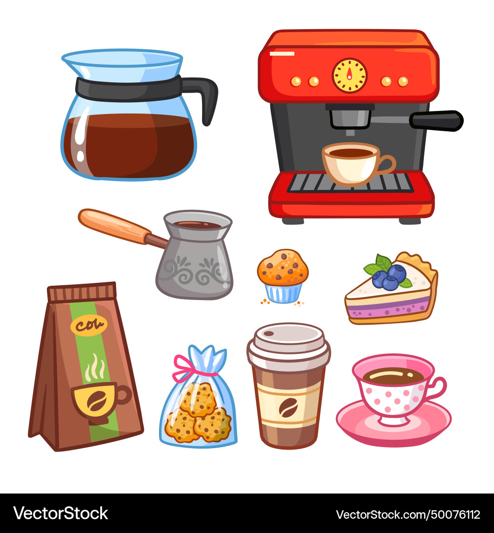 Set coffee elements tools accessories brewing Vector Image