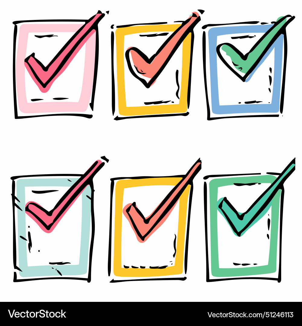 Six colorful check marks inside squares handdrawn Vector Image Six colorful check marks inside squares handdrawn Vector Image
