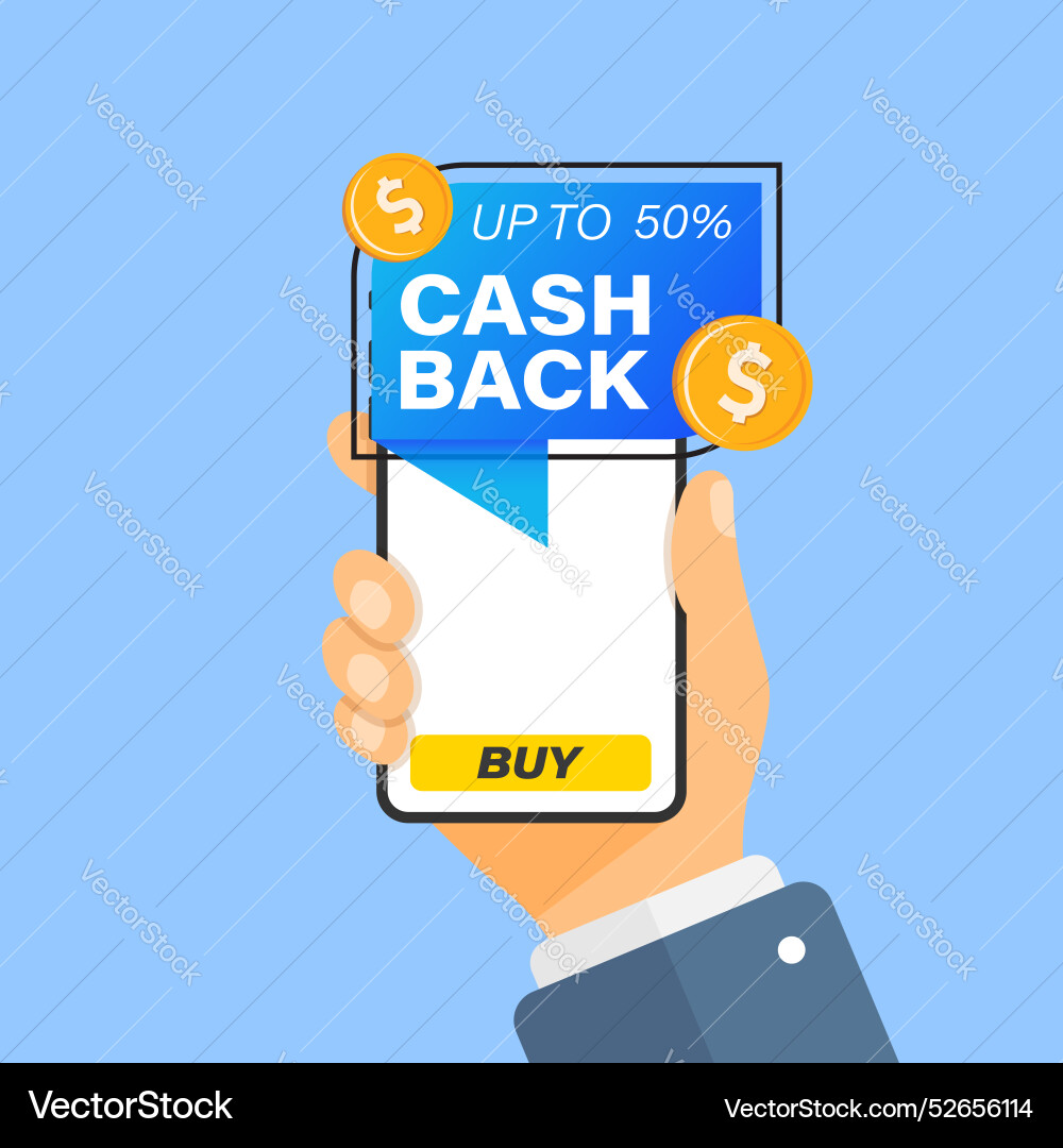 Cashback with smartphone in hand icon flat Vector Image