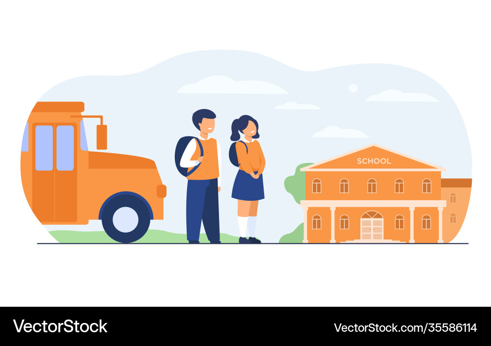 Happy children waiting school bus Royalty Free Vector Image