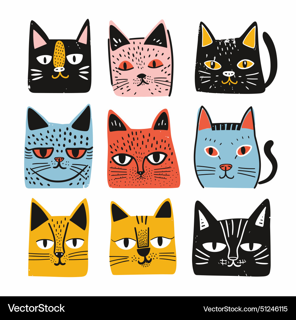 Collection colorful stylized cat faces unique Vector Image
