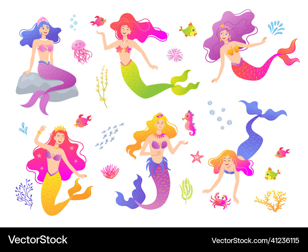 Mermaid cartoon characters flat set Royalty Free Vector