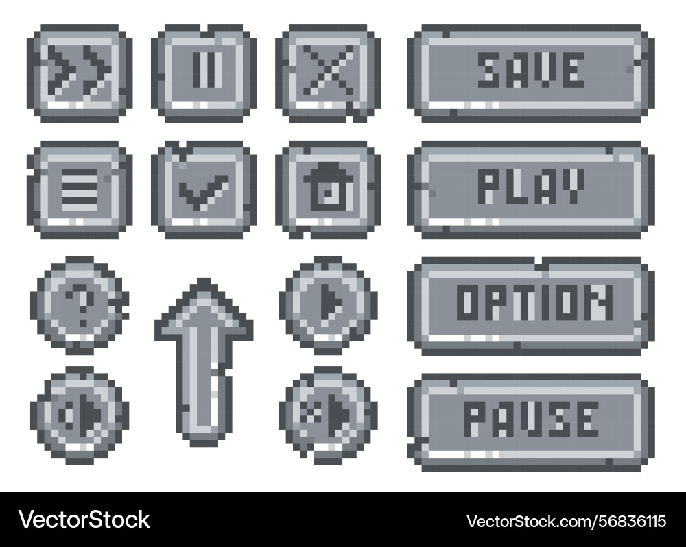 Stone pixel buttons retro game asset 8 Royalty Free Vector