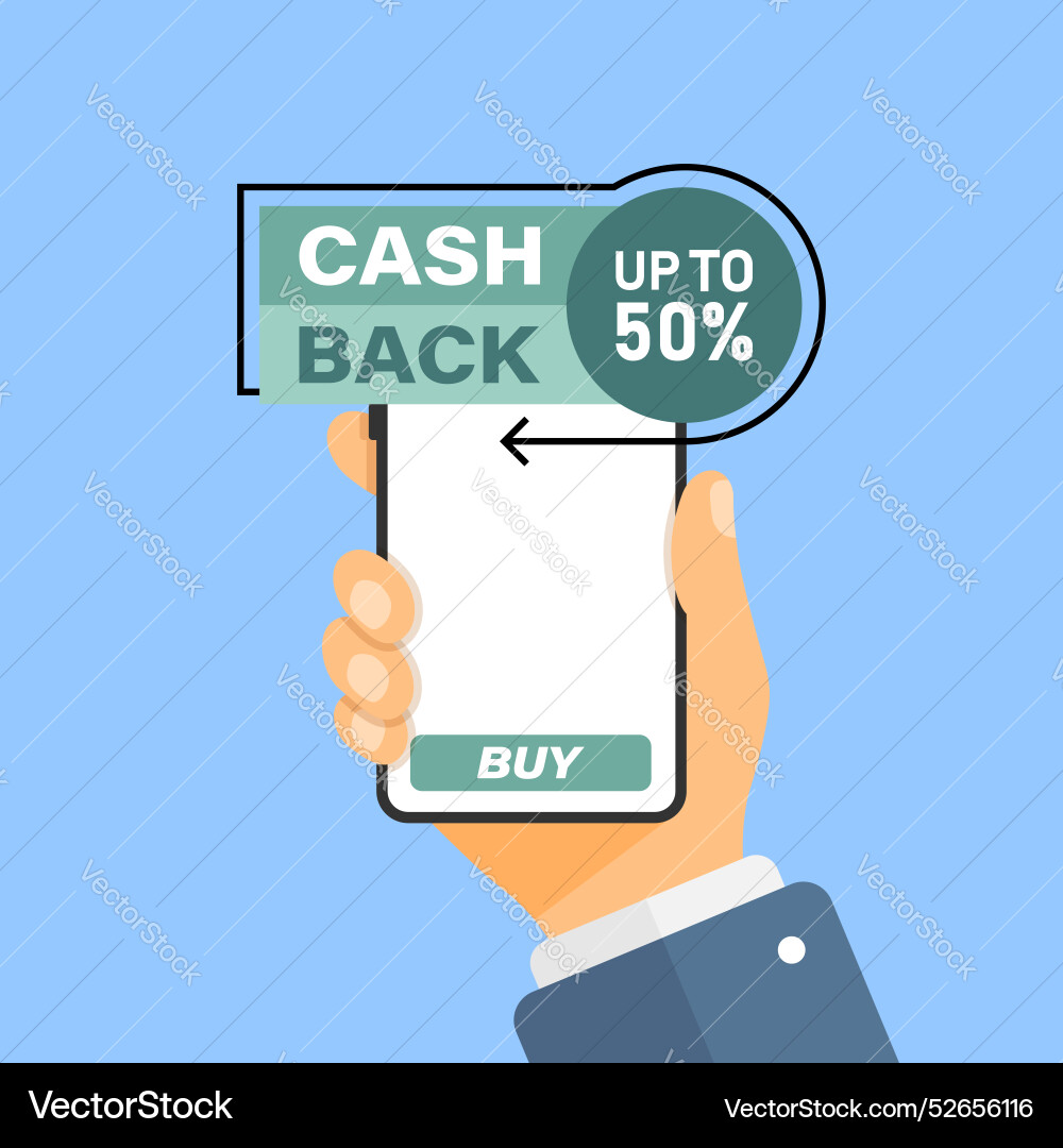 Cashback with smartphone in hand icon flat Vector Image