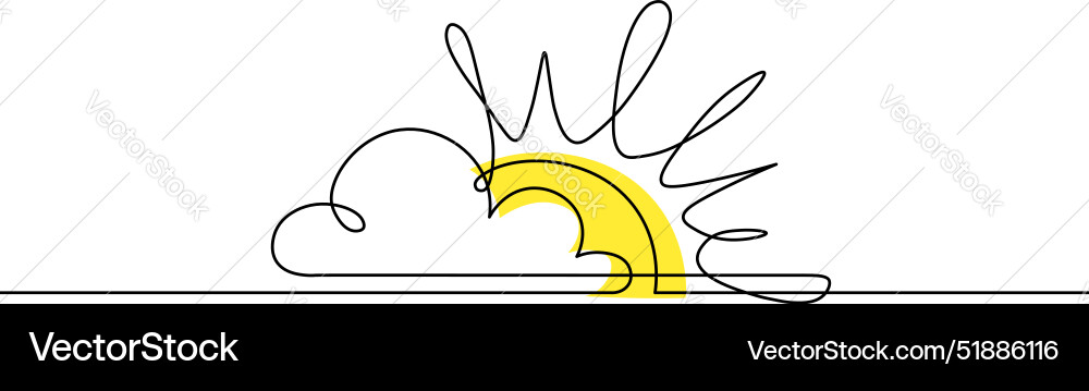 One line yellow sun with cloud sketch Royalty Free Vector