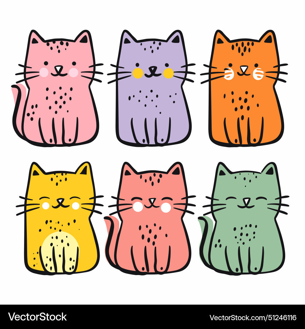 Six cute cartoon cats various colors isolated Vector Image