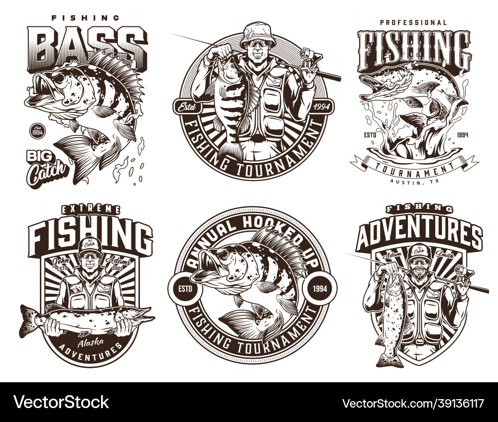 Fishing monochrome emblems Royalty Free Vector Image