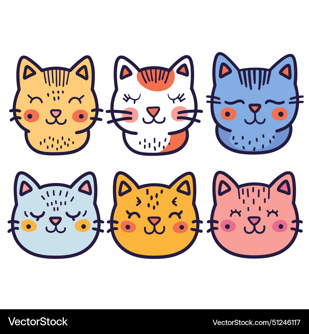Six cute cartoon cat faces colorful collection Vector Image Six cute cartoon cat faces colorful collection Vector Image